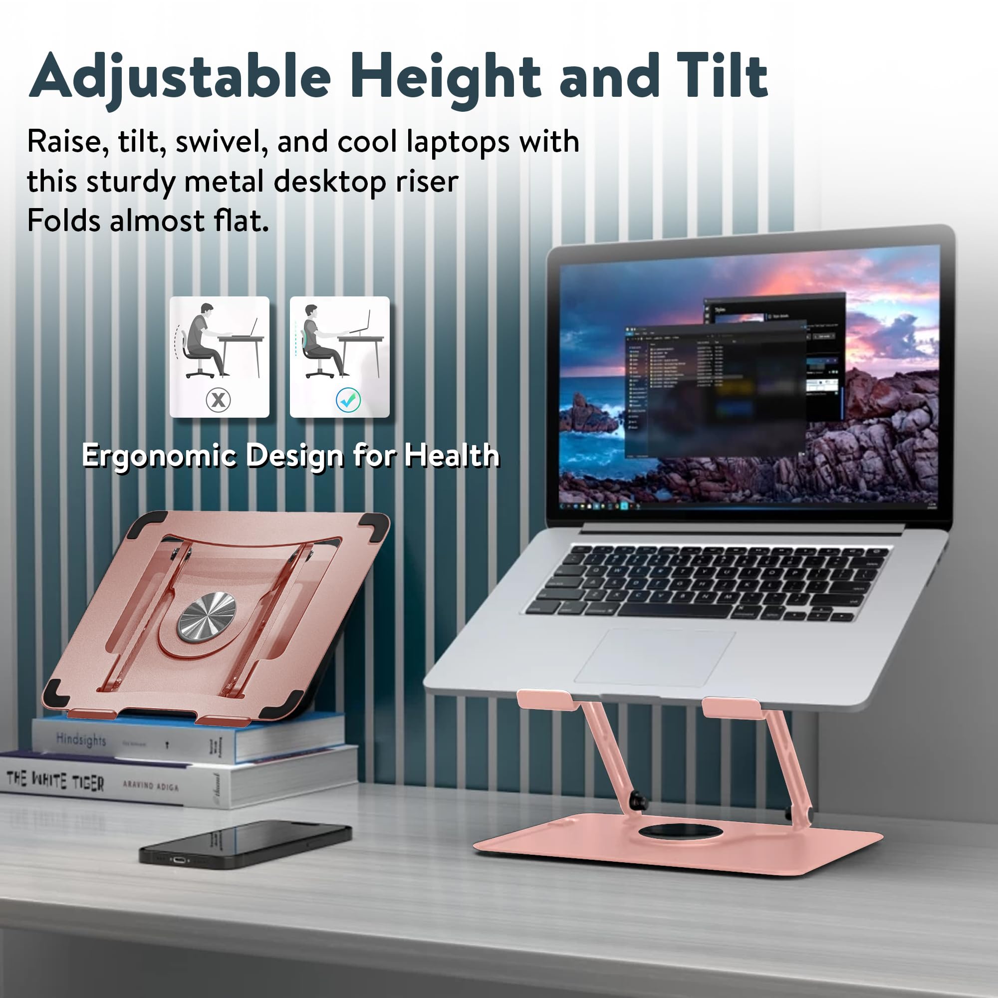 Swivel Laptop Stand for Desk, Adjustable Laptop Stand for Desk w/ 360° Rotation, Raise Tilt Cools Laptop with This Ergonomic Laptop Stand Riser, Collapsible iPad Computer Laptop Stand (Rose Gold)