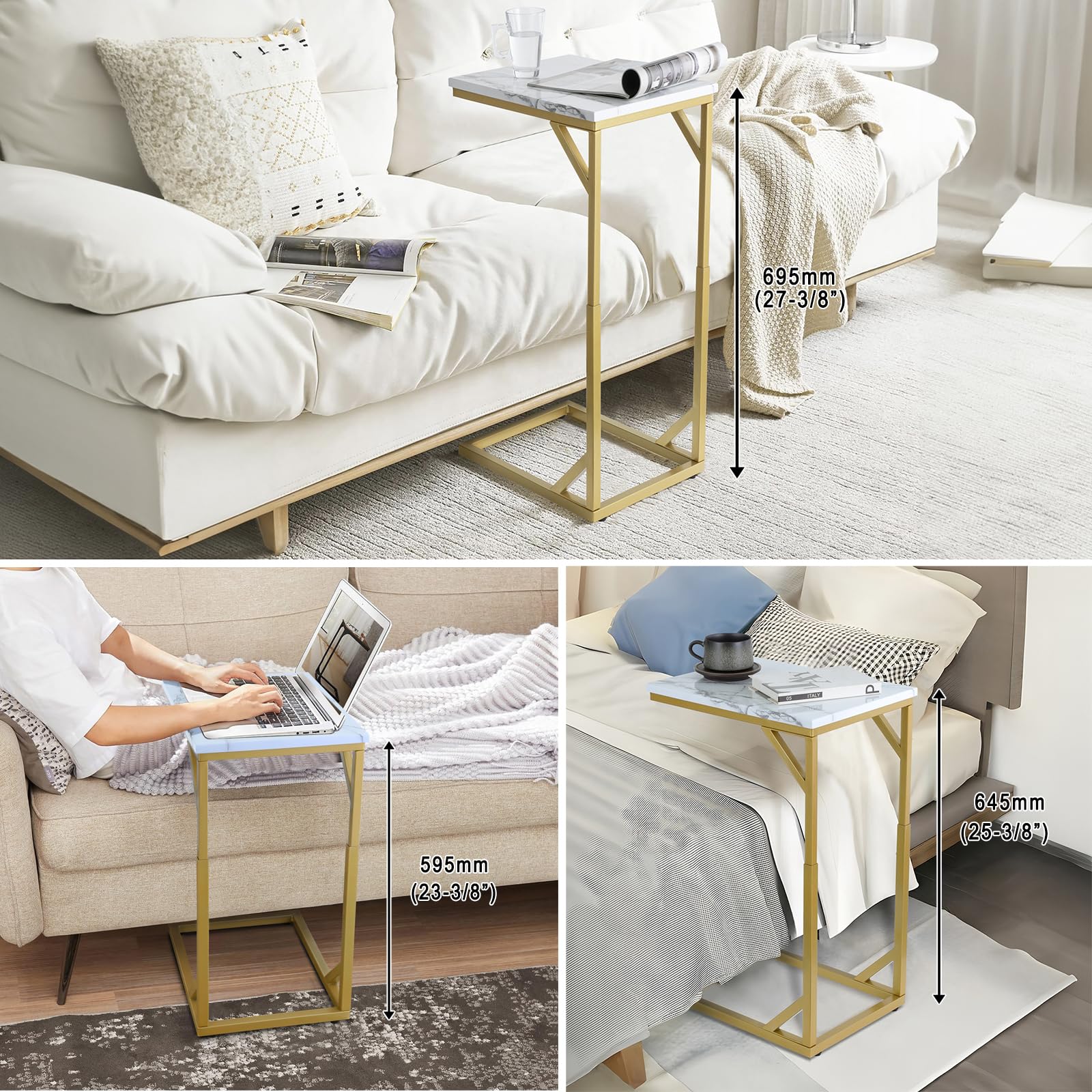 Serteaw C-Shaped End Table, Sturdy Side Table for Couch Sofa Bedside Small Space,C Snack Table TV Tray Record Player Stand Small Tables for Living Room Bedroom,Easy to Assemble,Gold