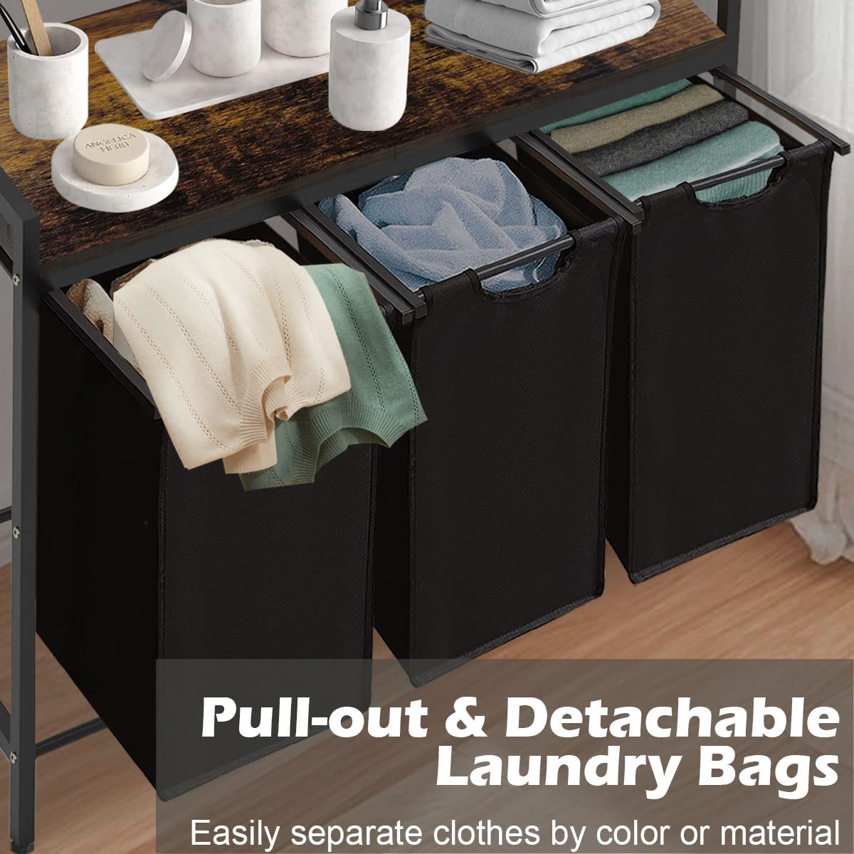 Whoonba Large Laundry Hamper Sorter with 3 Removable & Pull-Out Sorting Bags, Wooden Top Shelf, Versatile Laundry Basket Organizer for Laundry Room, Bathroom, Dorm, 8 * 3 Gal, Black