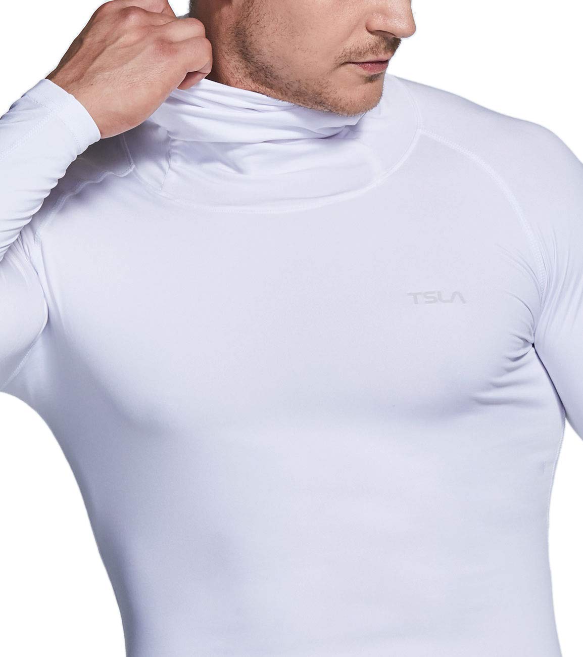 TSLA Men's Thermal Compression Shirts Hoodie with Mask, Long Sleeve Winter Sports Base Layer Top, Active Running Shirt, Heatlock Hoodie White, Medium