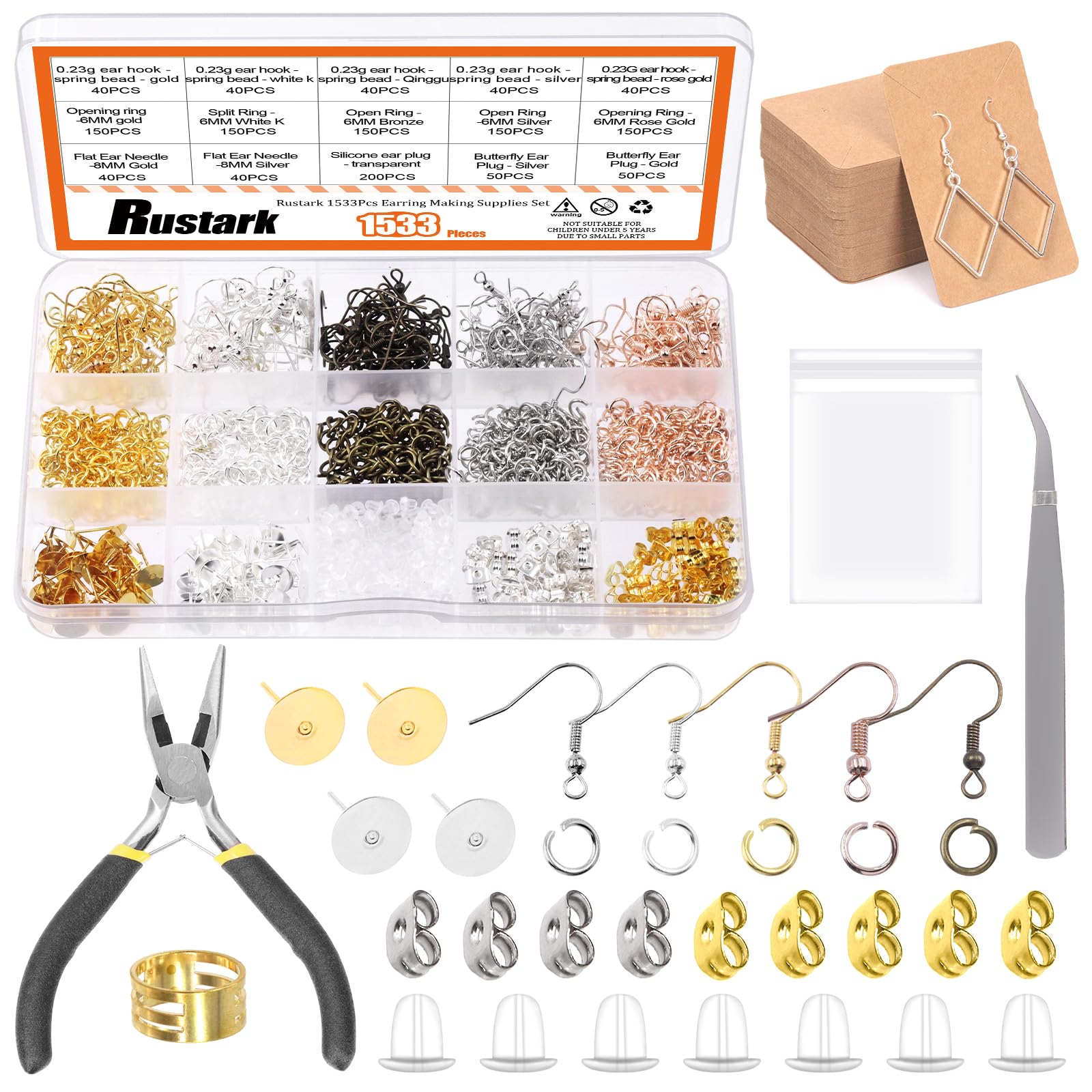 Rustark 1533Pcs Hypoallergenic Earring Making Supplies Kit with Earring Hook, Earring Back, Earring Posts, Jump Ring, Jewelry Pliers, Earring Holder Card, Clear Bag for Jewelry Making Earring Repair
