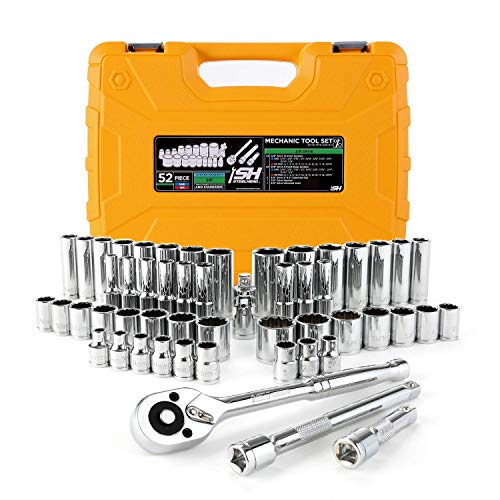 STEELHEAD 52-Piece Mechanics Tool & Socket Set (ANSI Grade), SAE Metric, 3/8” 72-Tooth Quick-Release Ratchet, Standard Deep 6 12 Pt. Sockets, Heavy-Duty Case, SH-01-MTS-C52-0-1