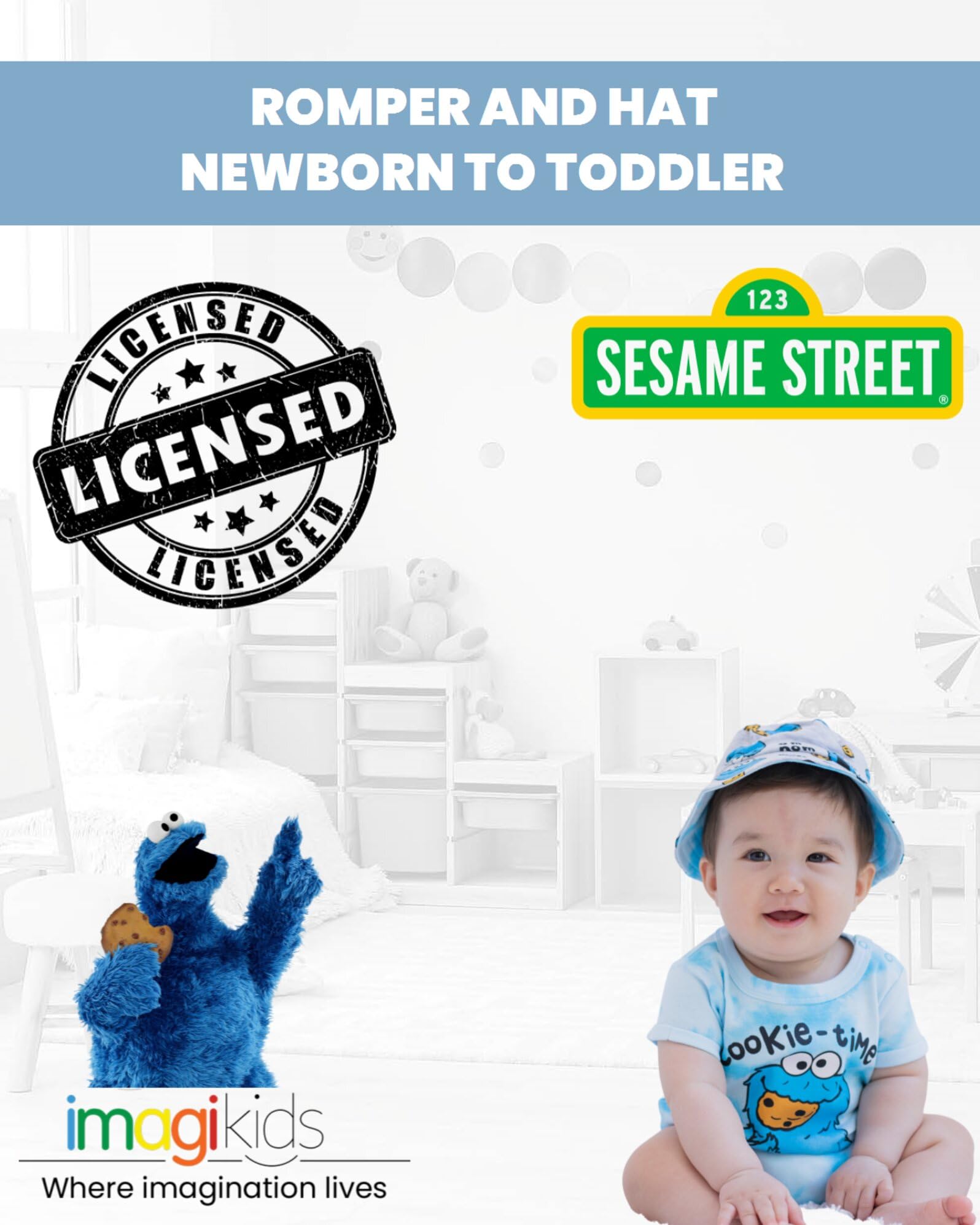 Sesame Street Cookie Monster Infant Baby Boys Romper and Hat Tie Dye Blue/Gray 3-6 Months