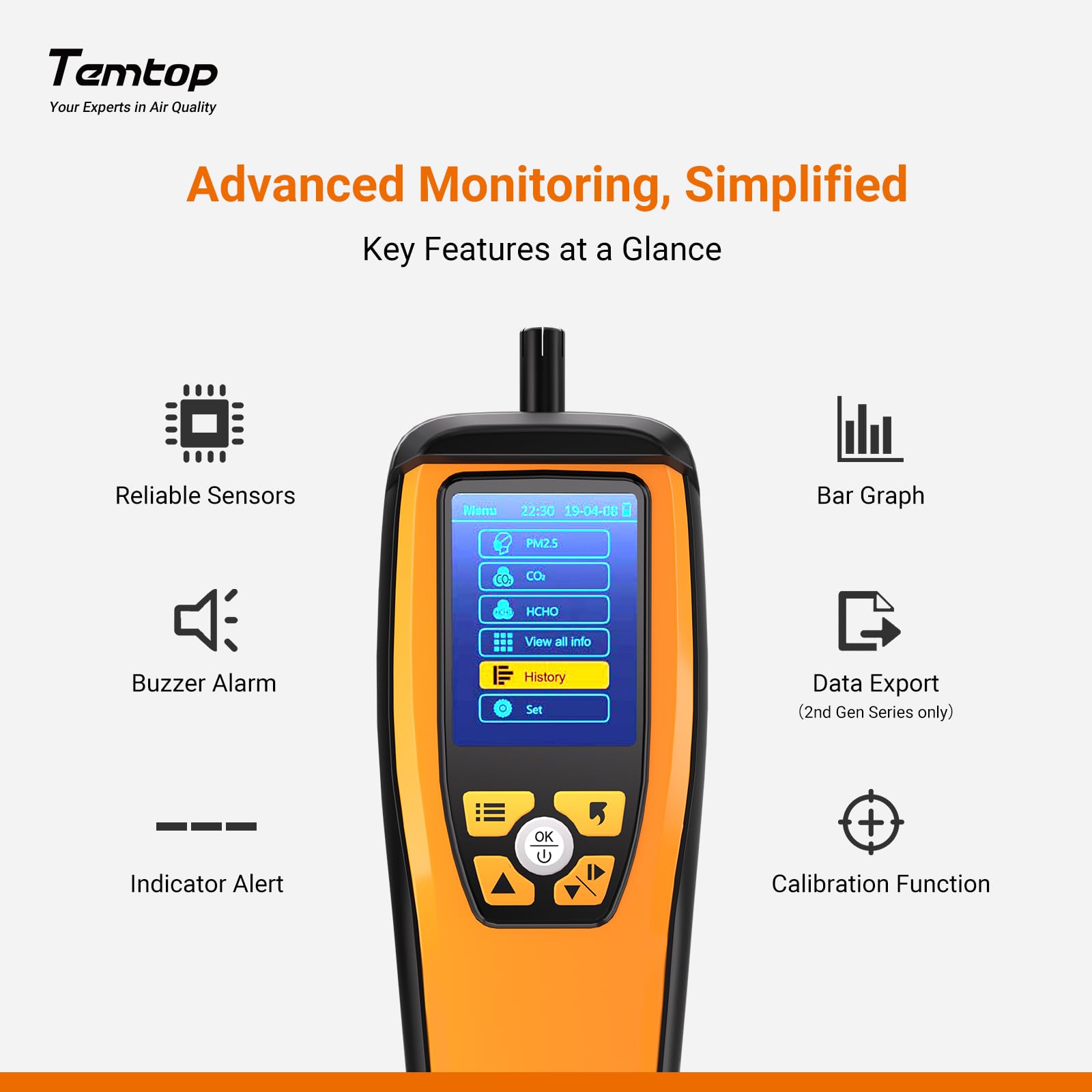 Temtop Air Quality Monitor CO2 Detector Professional Carbon Dioxide PM2.5 PM10 Formaldehyde Temperature and Humidity Monitor w/Audio Alarm Data Export (M2000 2nd)