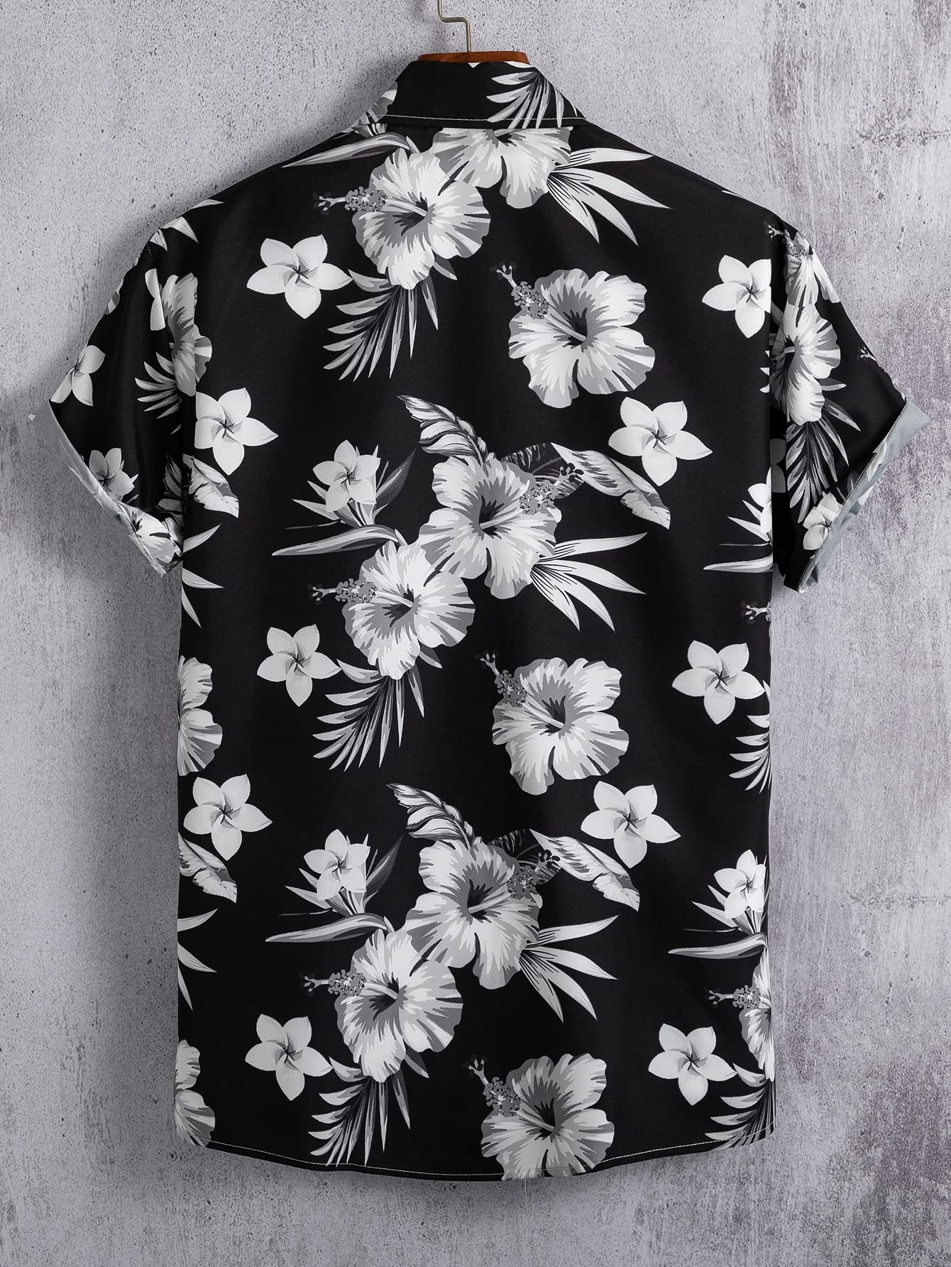 WDIRARA Men's Button Up Short Sleeve Cat Print Beachwear Striped Pocket Hawaiian Shirt Collar Top Shirts Floral Black White XXL