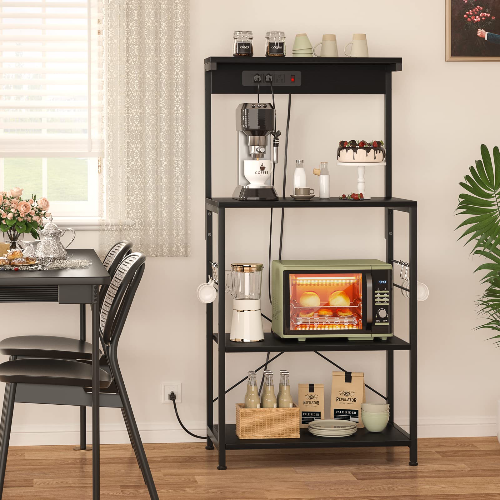 Topfurny Baker‘s Rack with Power Outlet, Microwave Stand Kitchen Storage Shelf, Kitchen Organizer Rack with 5 Hooks, Industrial Coffee Bar Table for Kitchens with Storage, Black
