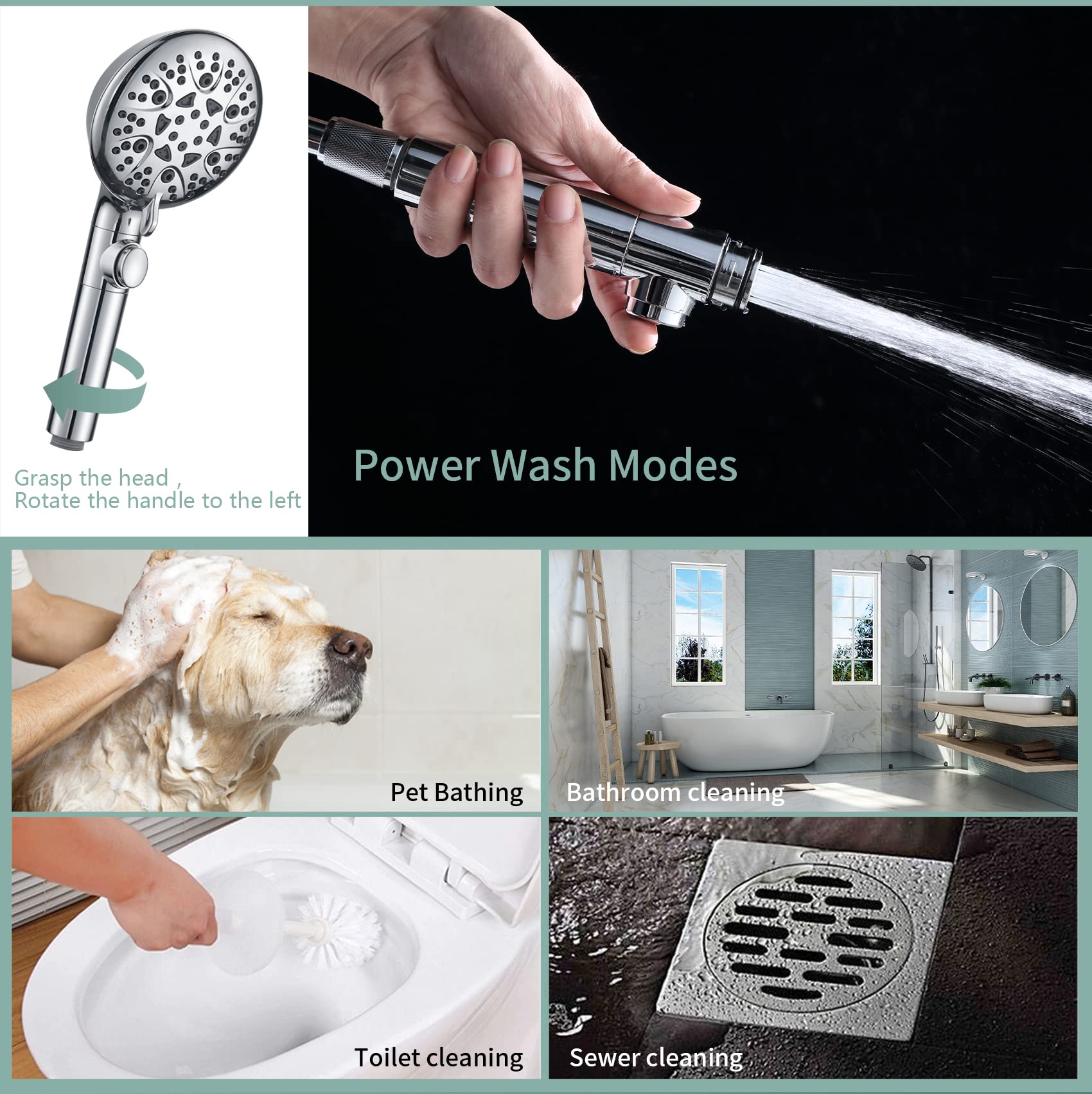 WHZeffect Handheld Shower Heads with ON/OFF Switch,Extra Long 79-inch Hose 8 Spray Settings High Pressure Detachable Showerhead,Built-in Power Sprayer to Clean Pets, Adjustable Angle Bracket,Silver