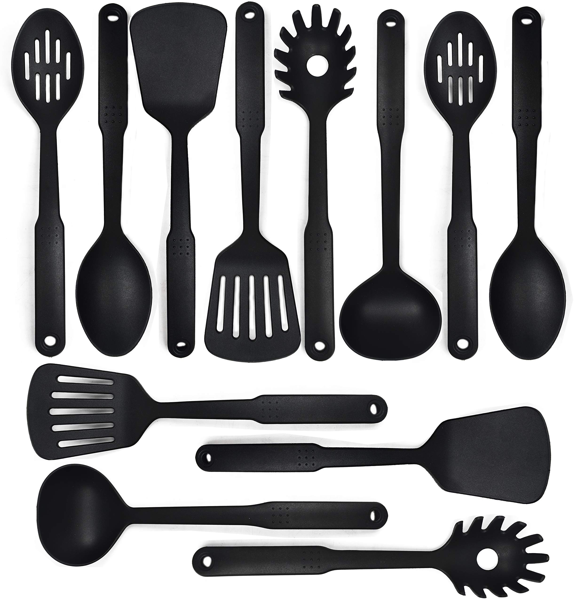 Set of 12 Nylon Cooking Utensils - Slotted Spoon/Solid Spoon/Slotted Spatula/Solid Spatula/Ladle/Pasta Fork - 11.75" to 12.5" (12)