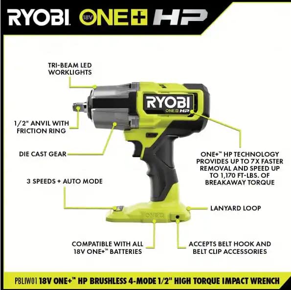 RYOBI ONE+ 18V Brushless Cordless 4-Mode 1/2 in. Impact Wrench Kit with 4.0 Battery and Charger (PBLIW01K1)