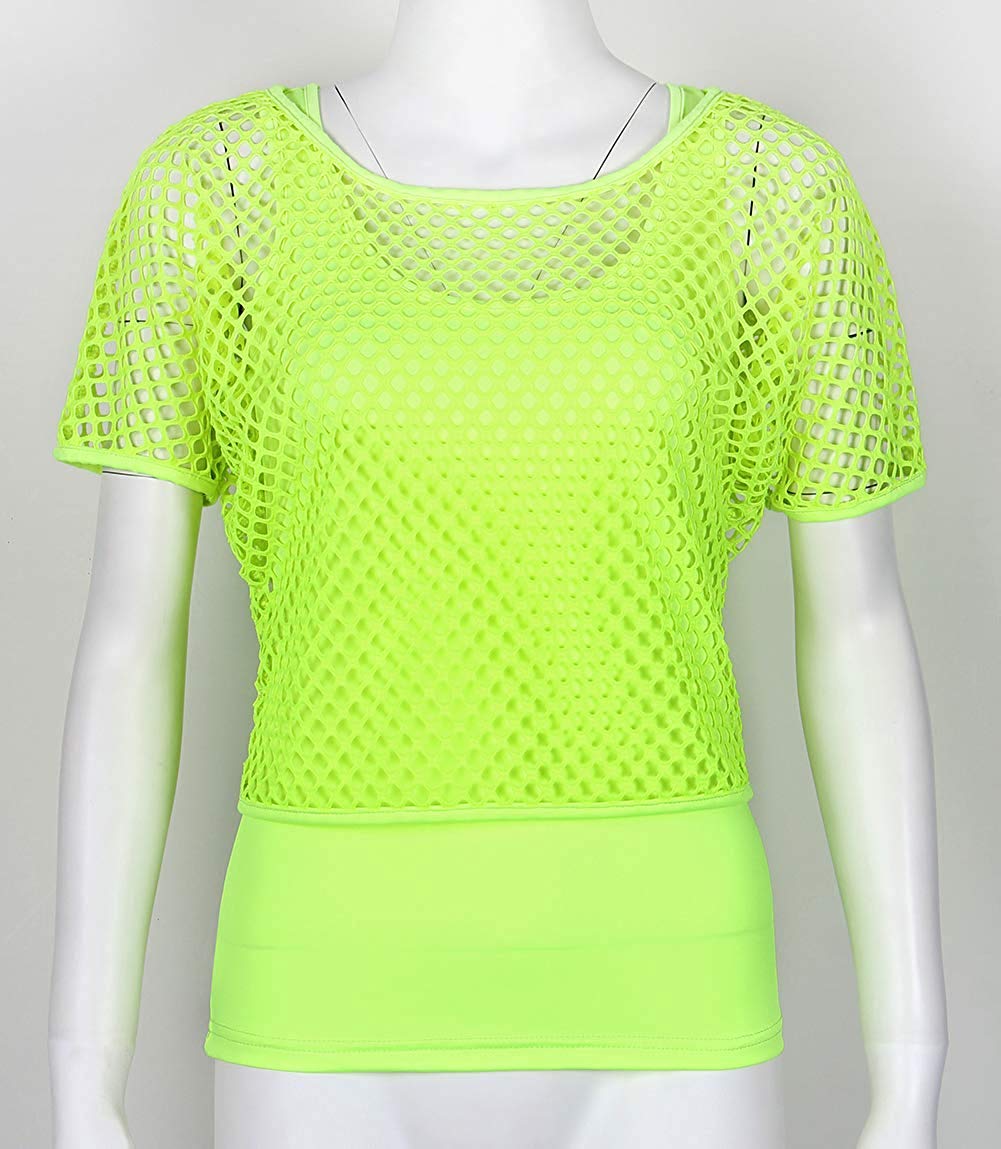 Smile Fish Women Casual Sexy 80s Costumes Fishnet Neon Off Shoulder T-Shirt (Neon-Green US 10/Tag Size L)