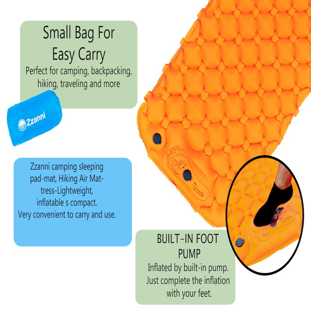 ZZANNI Camping Sleeping Pad Built-in Pump Duel Chambers Dimond Design Easy Foot Pump Inflatable Outdoor Camping Sleeping Mat Ultralight 50D Nylon (Orange)