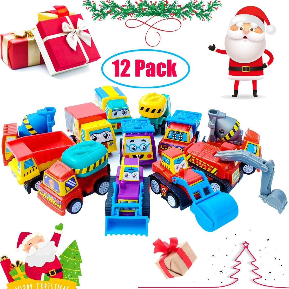 Tockrop 2" Pull Back Vehicles 12 Pack Assorted Mini Construction Truck Set - Perfect Easter Egg and Pinata Filler - Gift for Toddlers Boys Girls Kids Pull Back & Go Car Toy Play Set