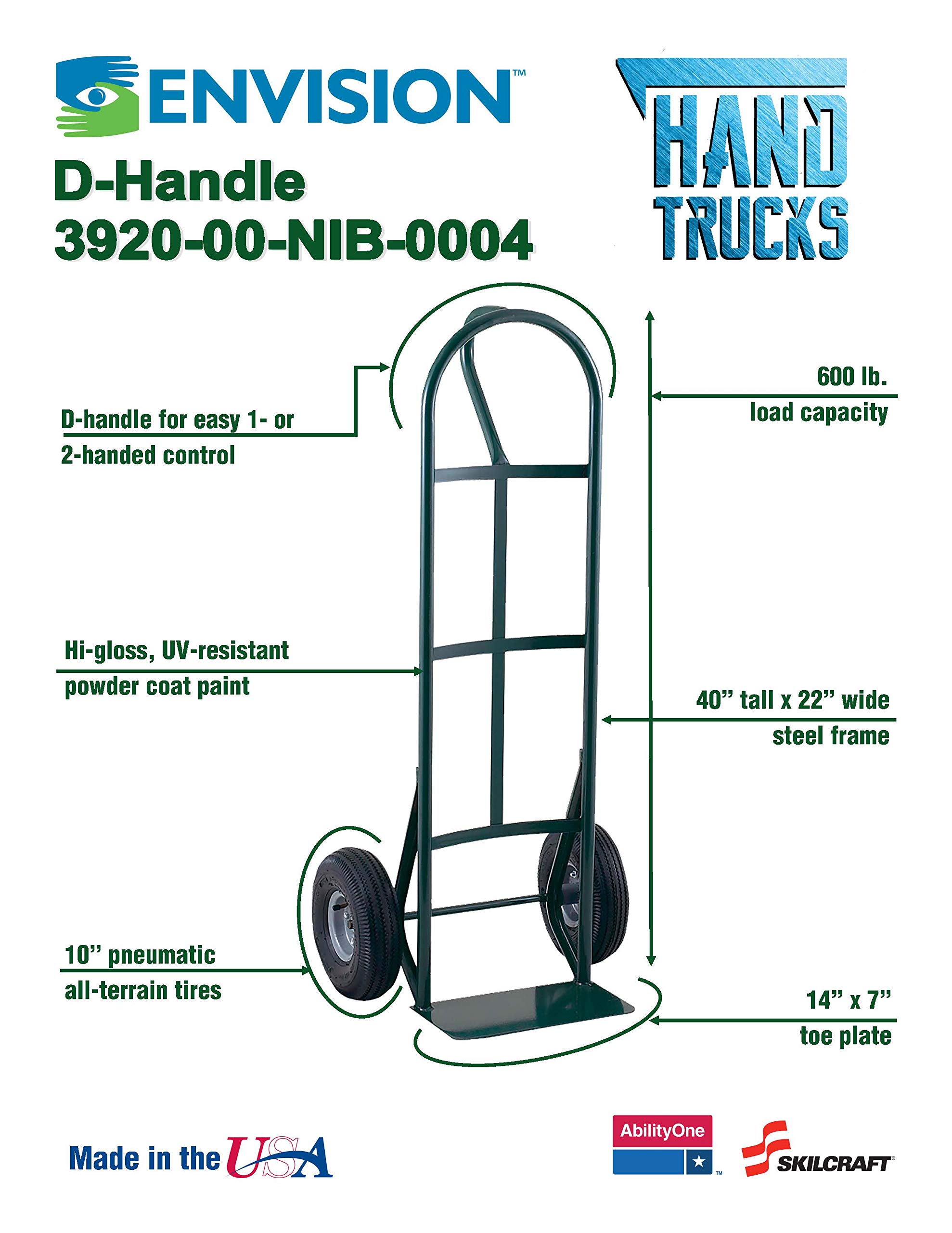 Stout ENV-DH800-HT Heavy Duty Commercial Steel Hand Truck, D-Handle, 600 Lb. Capacity, 10" Pneumatic Wheel, Green