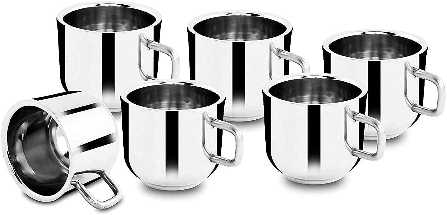 WhopperIndia Coffee Cup Espresso Cup Mug Set of 6 Double Wall Stainless Steel Tea Cups, Reusable & Dishwasher Safe