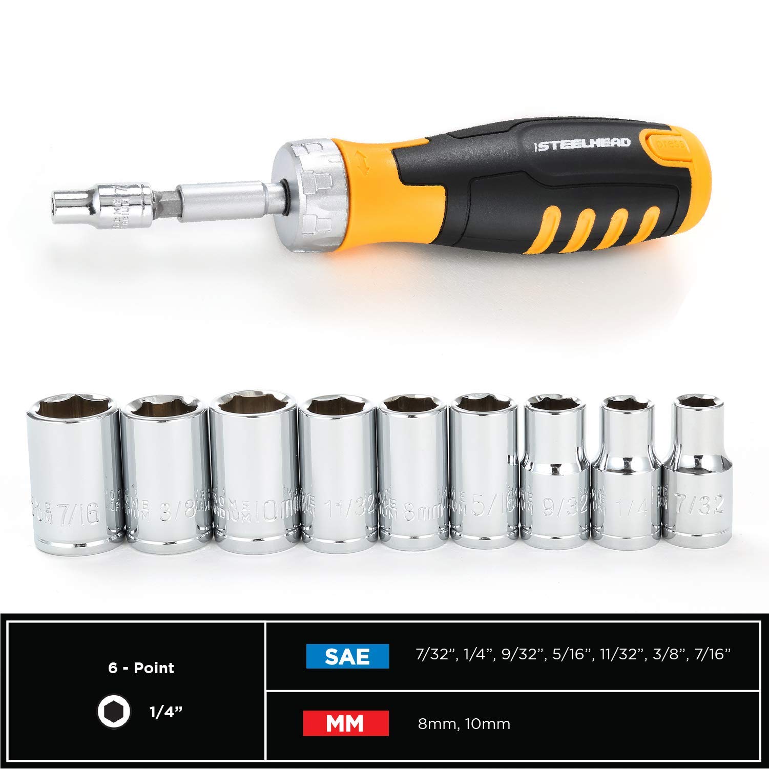 STEELHEAD 42-Piece Ratcheting Magnetic Screwdriver Bit & Socket Set, (4) Hex, (6) Phillips, (5) Slot, (4) Square, (7) Star, (9) 1/4" SAE & Metric Sockets, Handle Bit Storage, USA-Based Support