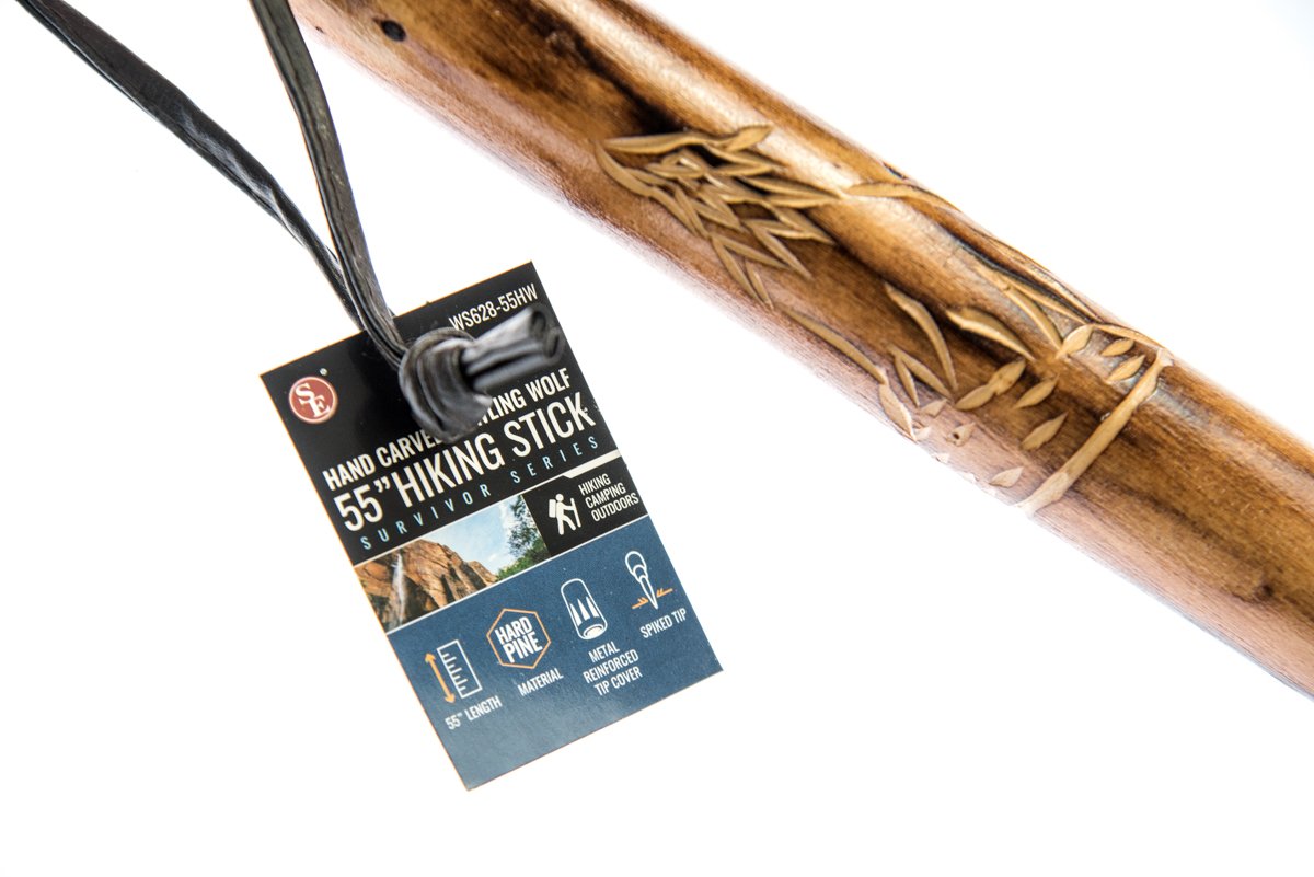 SE Survivor Series Wooden Walking/Hiking Stick with Hand-Carved Howling Wolf Design, 55" - WS628-55HW