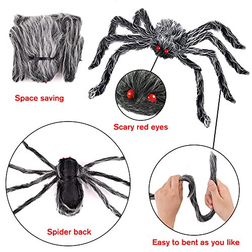YUJUN Halloween Giant Spider Decorations 59'', Halloween Web Decor Scary Giant Spider with 100PCS Small Fake Plastic Spiders 275'' Giant Spider Webs for Halloween Outdoor and Indoor Decoration