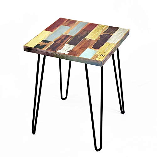 WELLAND Side Table Reclaimed Wood, Round Hairpin Leg End Table, Night Stand, Recycled Boat Wood, 20" Tall