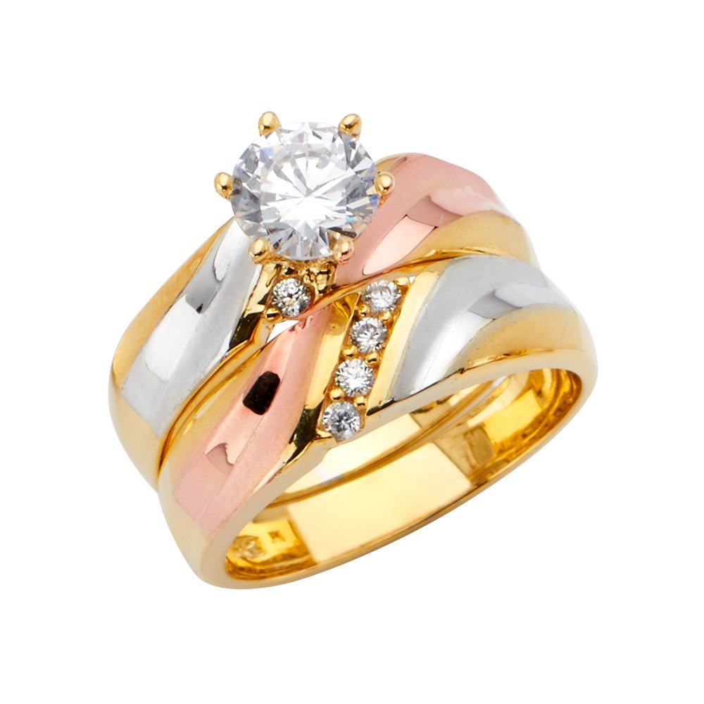 Wellingsale Ladies Solid 14k 3 Tri Color White Yellow and Rose/Pink Gold Polished CZ Cubic Zirconia Engagement Ring + Wedding Band Bridal Set - Size 5