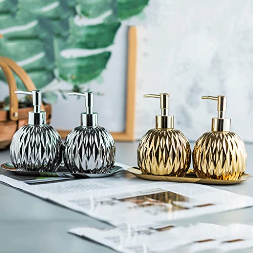 XOUVY Cute Ceramics Soap Dispenser Diamond Design,refillable Liquid Hand Soap Dispenser for Kitchen Bathroom Countertop,3-Piece Set with Tray Kitchen Home Decor (Silver 1Pack)