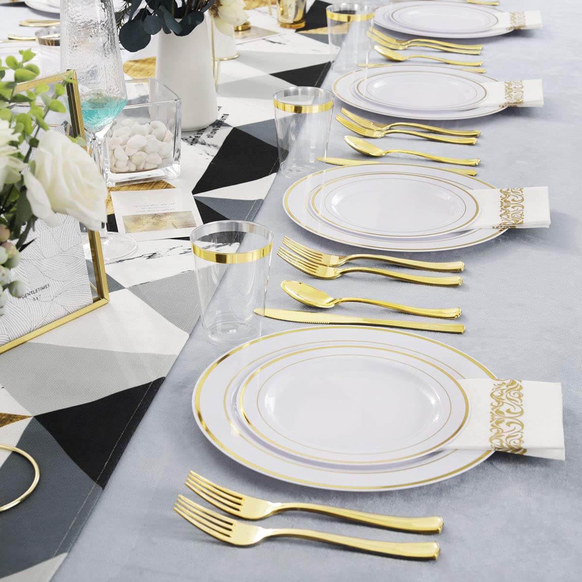 supernal 200pcs Plastic Silver Dinnerware Sets,Silver Plastic Plates,Plastic Silverware,12oz Plastic Cups,Napkins, Disposable Plates,Service for 25 Guests Suit for Party,Wedding,Mothers Day