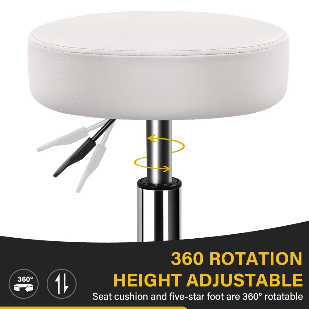 WKWKER Heavy Duty Rolling Stool with Wheels Hydraulic Swivel Adjustable Rolling Stool Ergonomic Thick Leather Seat Stool Chair for Kitchen Drafting Lab Office Salon Message Stool β White