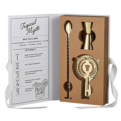 Santa Barbara Design Studio Gift Set Drinking Essentials Sippin' Pretty Black and White Cardboard Book Gift Box, 3-Pieces, Havana Gold Bar Tools