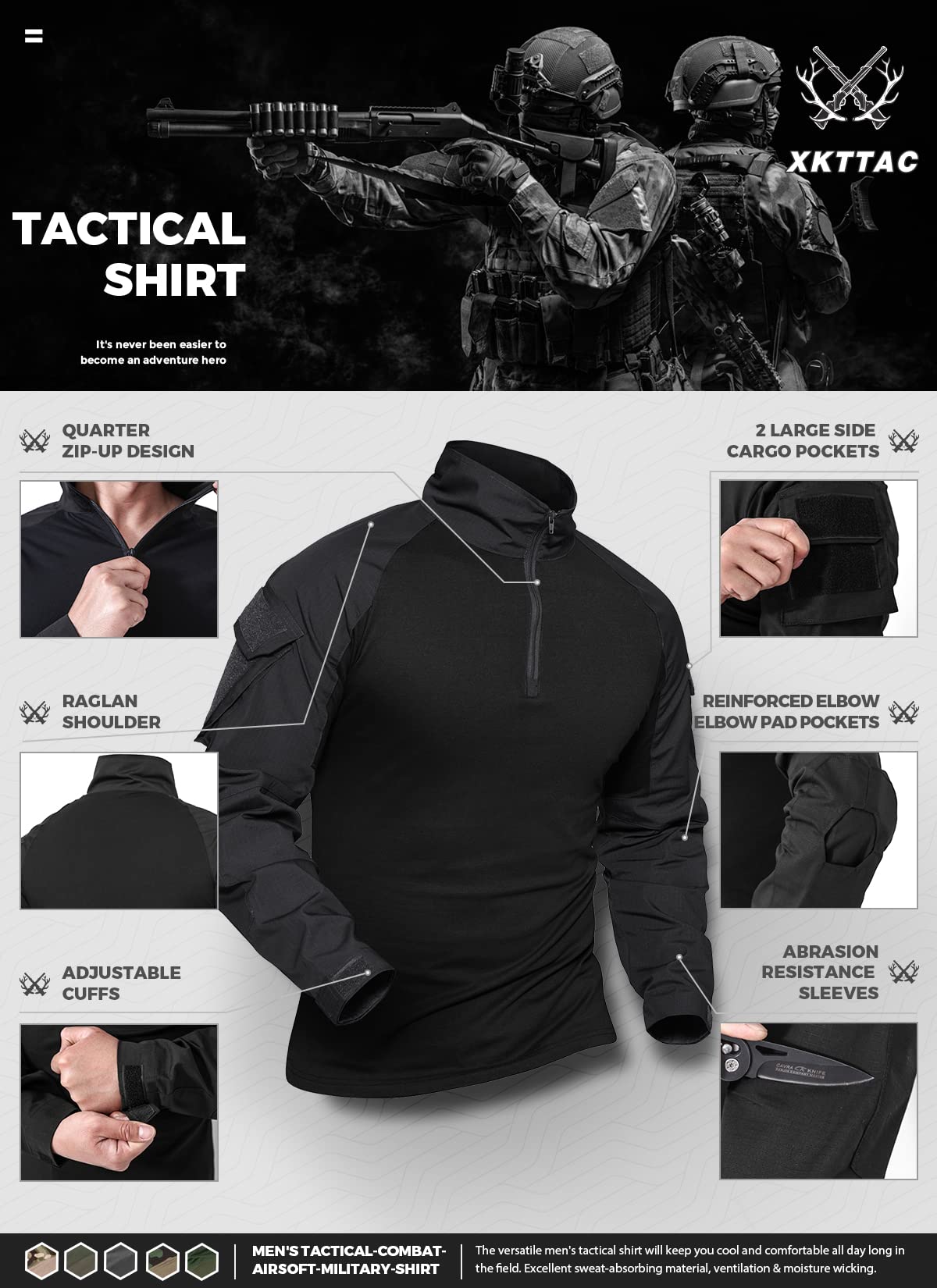 XKTTAC G3 Combat Tactical Shirt for Men with 2-4 Pockets Airsoft-Military-Paintball-Camping Gear Multicam Army BDU TOP Security Clothes(Black/2 Pockets,M)