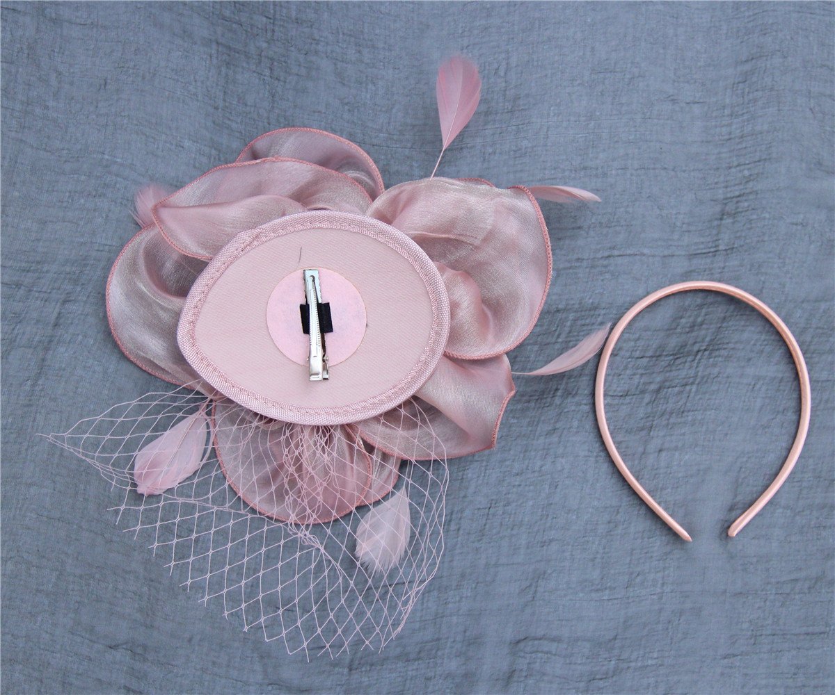 SAFERIN Fascinator for Women Hair Clip Hat Bowler Feather Flower Veil Wedding Party Hat Tea Hat(TA2-Pink)