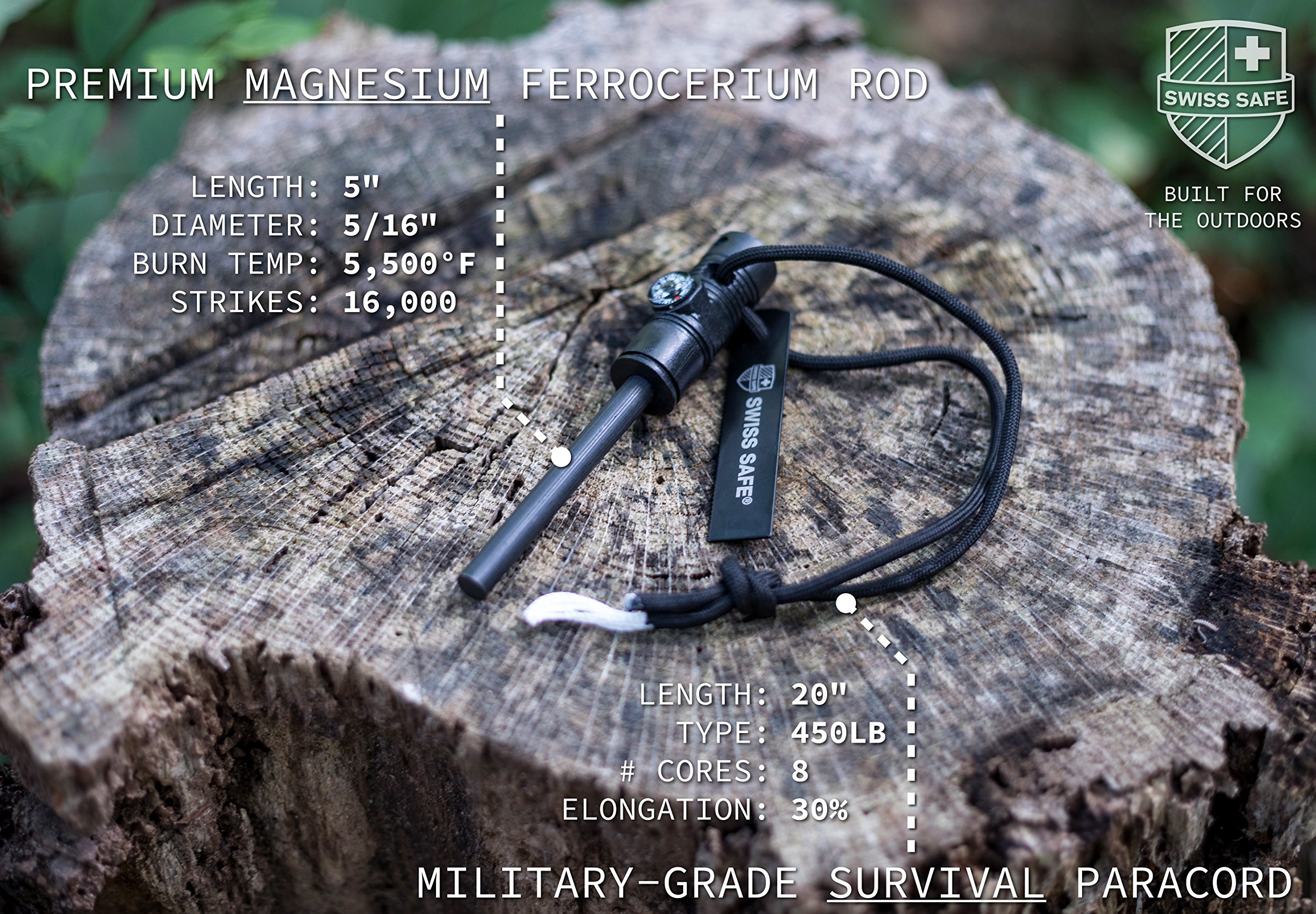 Swiss Safe 5-in-1 Magnesium Ferro Rod Fire Starter Survival Tool - Flint & Steel Striker, Compass, Paracord & Whistle - Emergency Kit for Backpacking, Camping, Hiking - All-Weather - Jungle, 2-Pack
