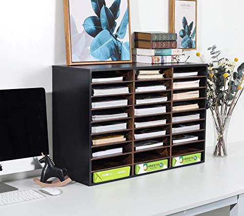 TQVAI Wood Adjustable Literature Organizer Desktop File Sorter Mail Center Paper Storage Cabinet Home & Office Mailbox School Classroom Keepers, 27 Slots Compartments, Black/Archaize