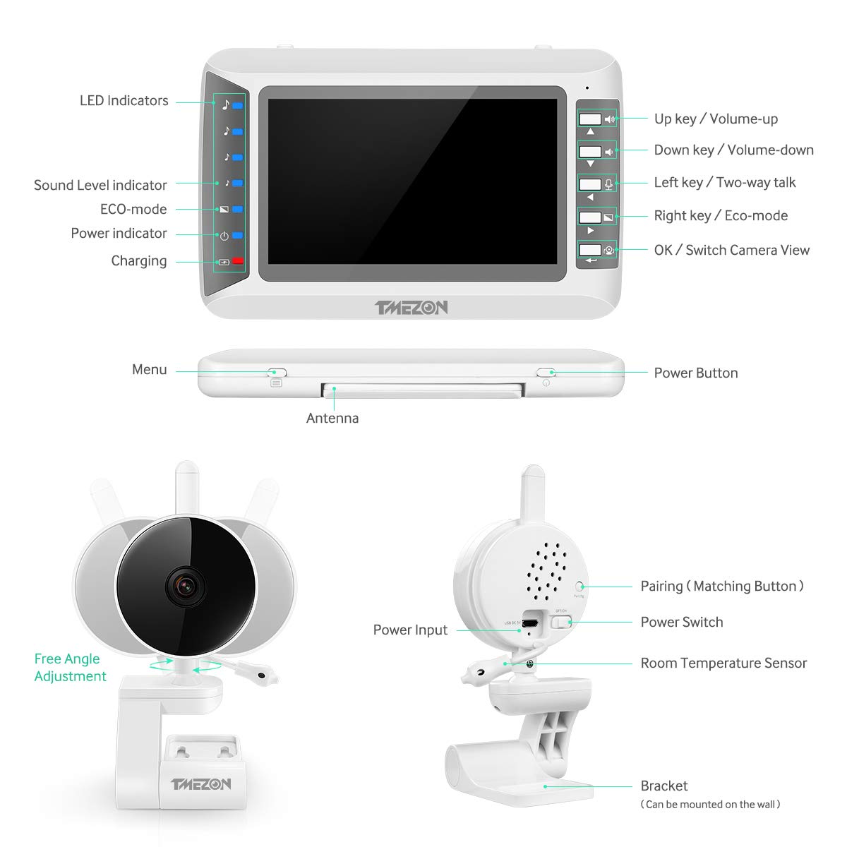 TMEZON Video Baby Monitor with Two Cameras and 4.3" LCD,Auto Night Vision,Two-Way Talkback,Temperature Detection,Power Saving/Vox,Zoom in,Support Multi Camera Feeding Time Alarm