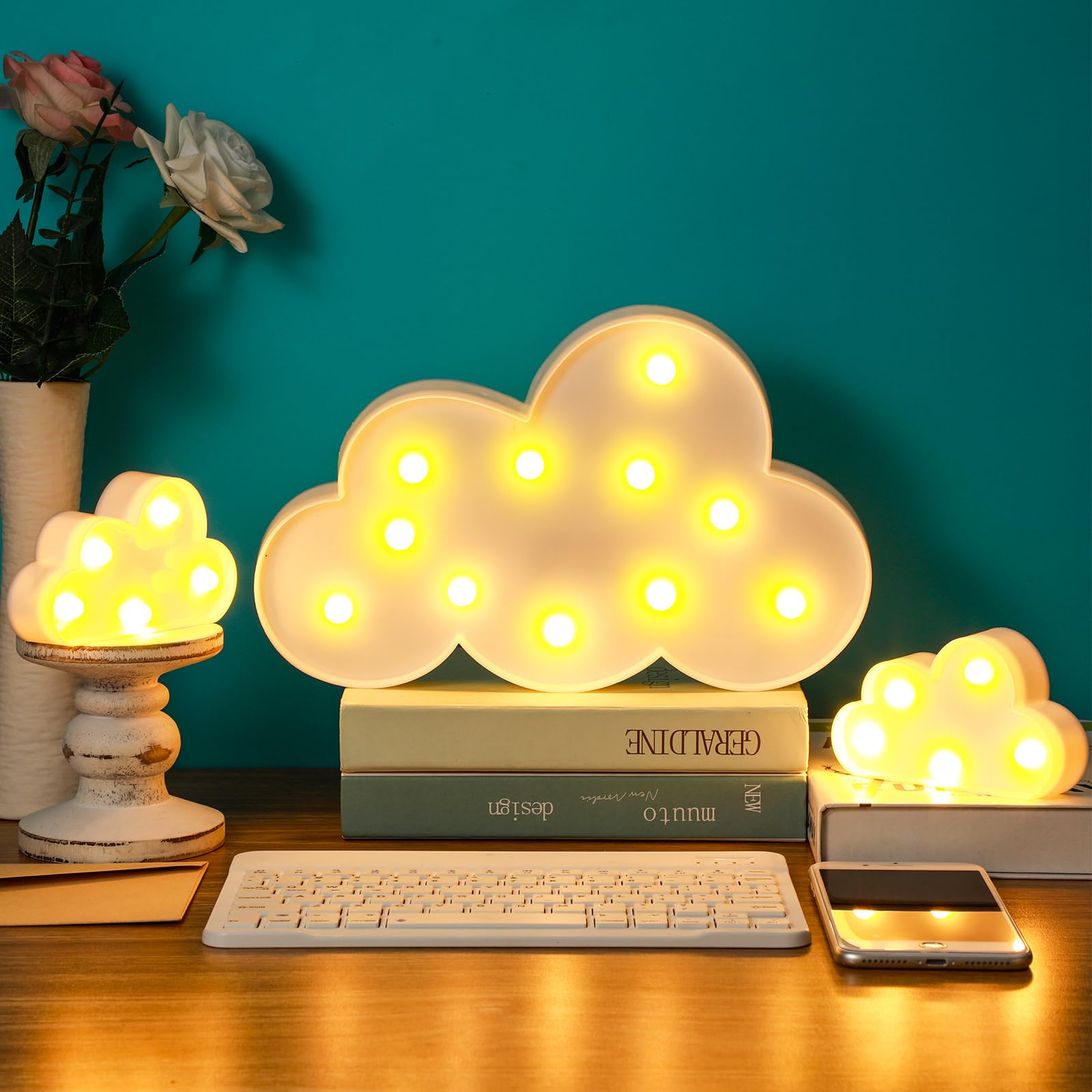 VIHOSE 3 Pcs LED Cloud Night Light 3D Cloud Lamp Decorative Flamingo LED Light Flamingo Night Lamp for Kids Wall Bedroom Nursery Birthday Party Decorations, 2 Sizes, Batteries Not Included (Cloud)