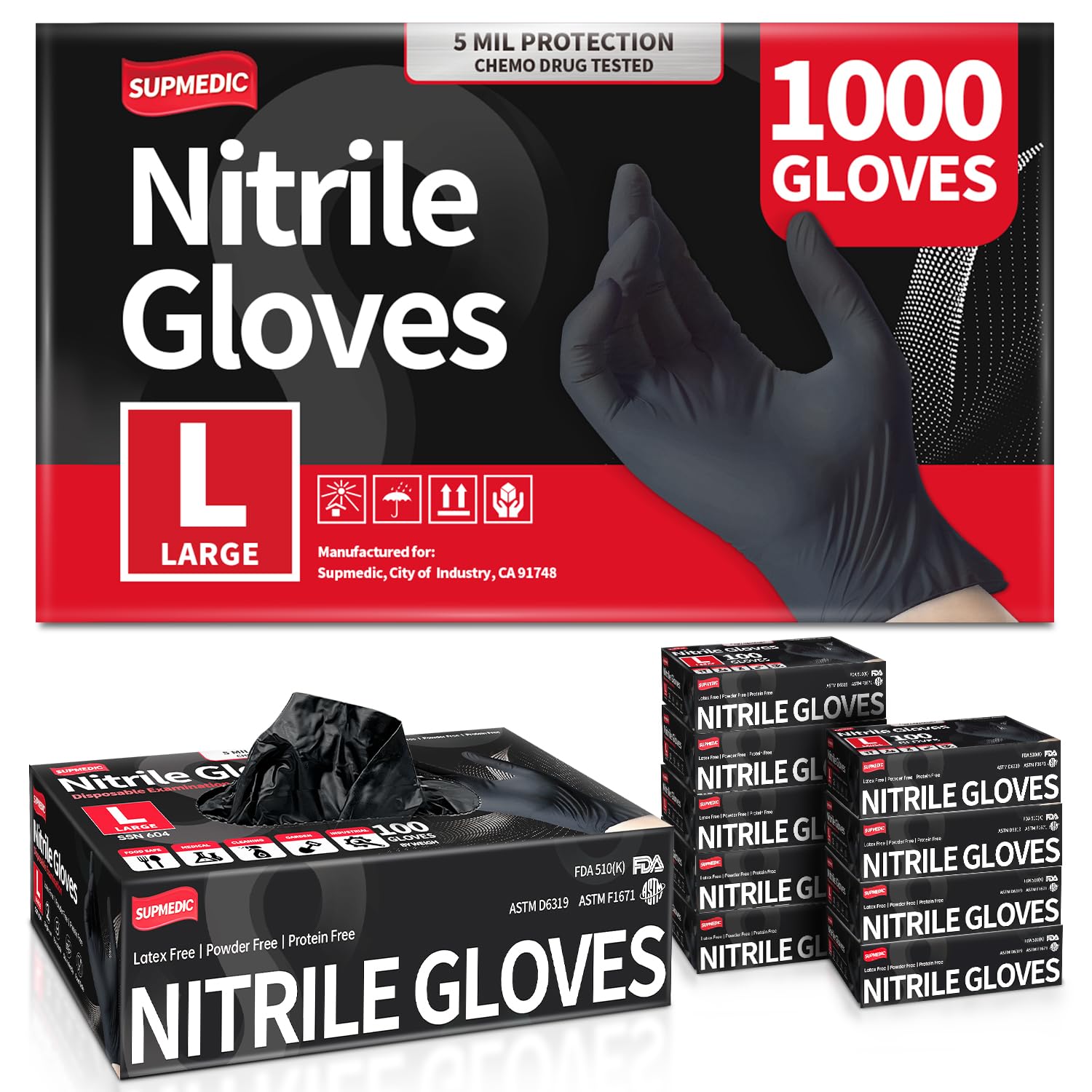 Supmedic Black Nitrile Exam Glove, 5 mil Powder-Free Latex-Free Disposable Medical Gloves, Case of 1000 Pcs (Large)