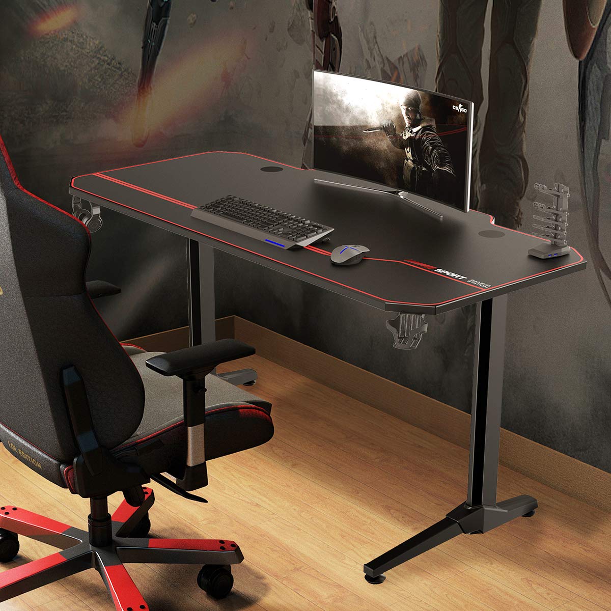 soges 55 inches Gaming Desk Computer Desk Computer Gamer Desk Pro Table Ergonomic PC Desk with USB Charger Cup Holder and XL Mouse Pad