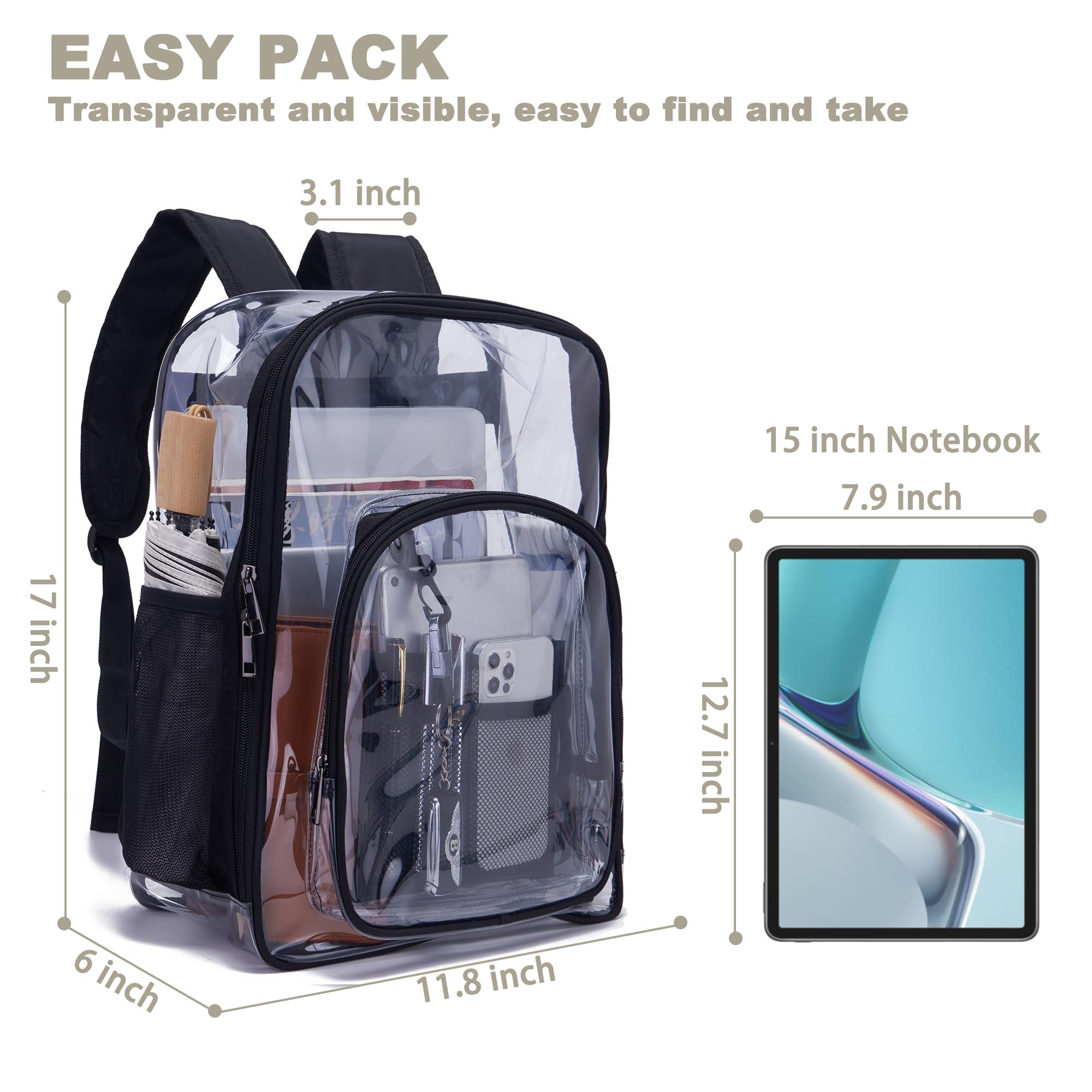 YZAOLL Clear Backpack Heavy Duty Large Transparent Backpacks Soft TPU Daypack Backpacks Book Bag Stadium Approved Black