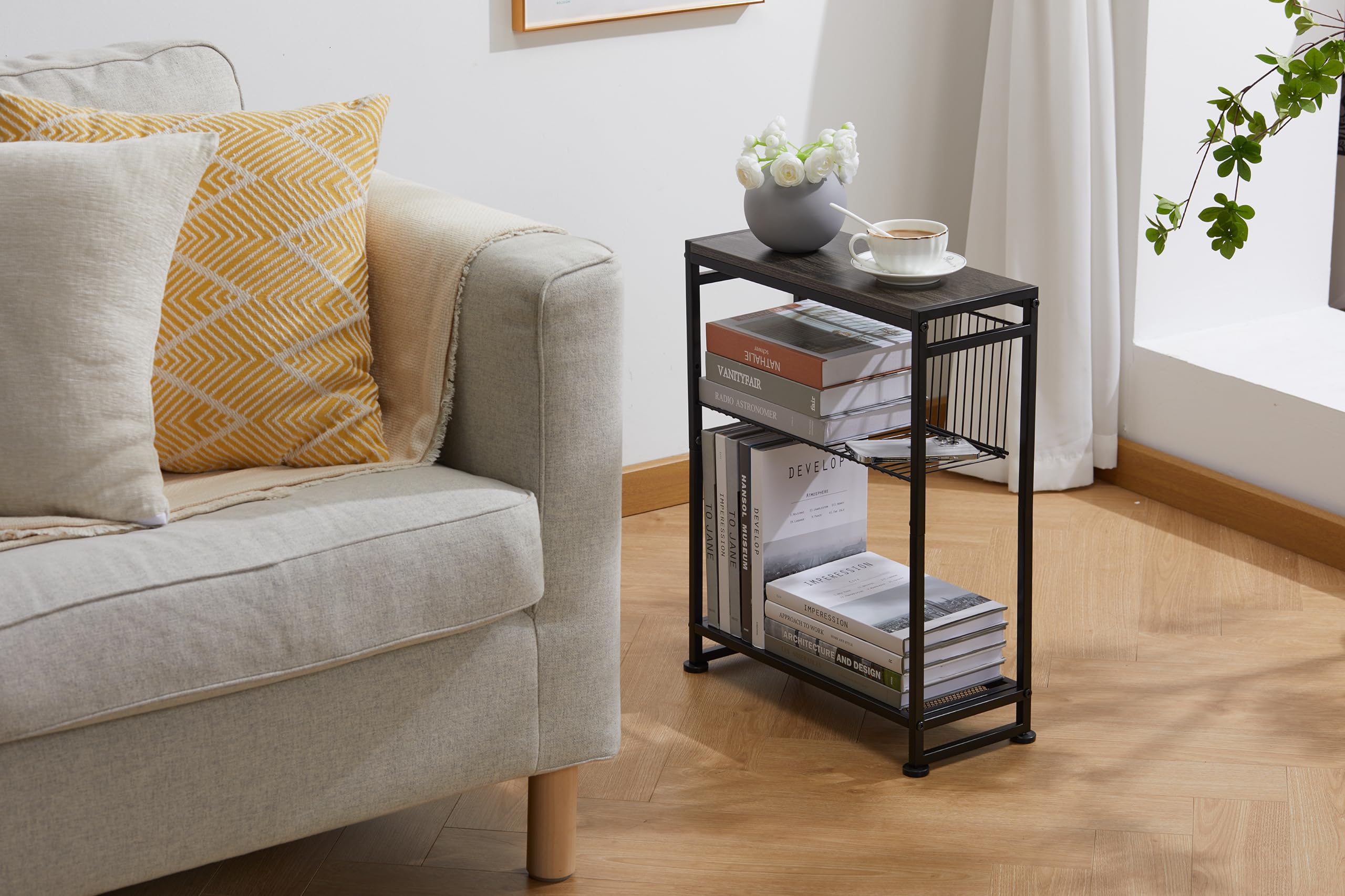 Small Side Table for Small Spaces - Slim End Table with Magazine Holder - 2 in 1 Design Narrow End Table Living Room - Skinny Bedside Table Nightstand Bedroom Thin Side Table (Grey)