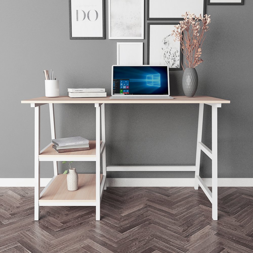SogesPower 47 inch Computer Desk Desk with Storage Shelves Laptop Table PC Desk Ladder Desk for Home Office Student Writing Desk, White Maple, SPWK-Tplus-120MO