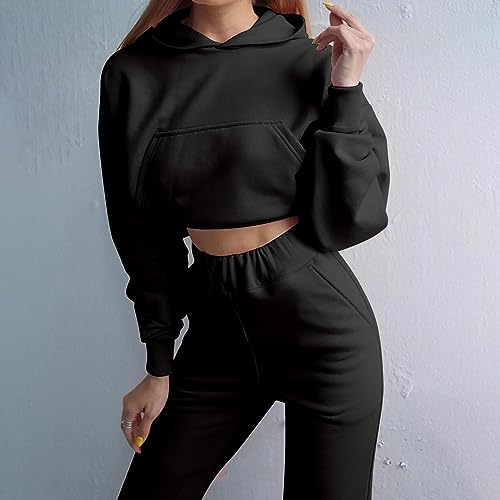 Stessotudo lounge sets for women 2 piece Womens Two Piece Pant Sets Long Sleeve Pullover Cropped Hoodie Tops High Waist Sweatpants Trendy Cute Sweatsuits Black XL