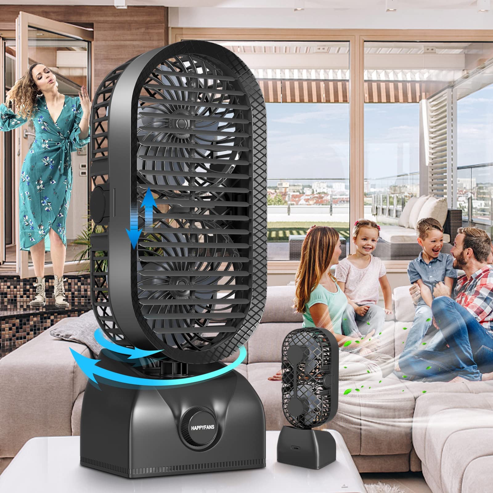 Small Tower Fan For Bedroom Desk, 10000mAh Rechargeable Oscillating Table Fan, Max Last 30Hrs, 11'' Portable Fan, 120° Oscillation for Powerful Circulation, Stepless Speed, Quiet for Home Bedroom