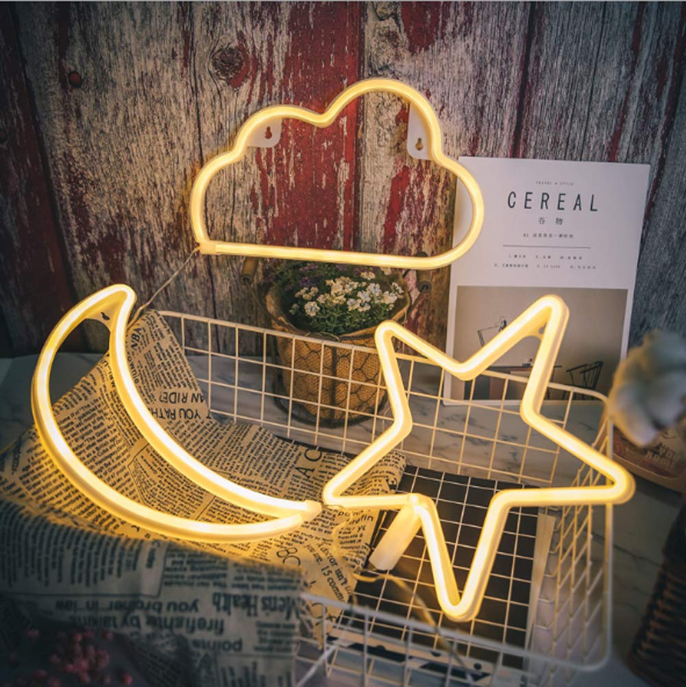 Star Moon and Cloud Neon Night Sign Decorative LED Light Art Wall Decor for Bar Bedroom Birthday Party Decor Powered by Battery/USB (Warm White)