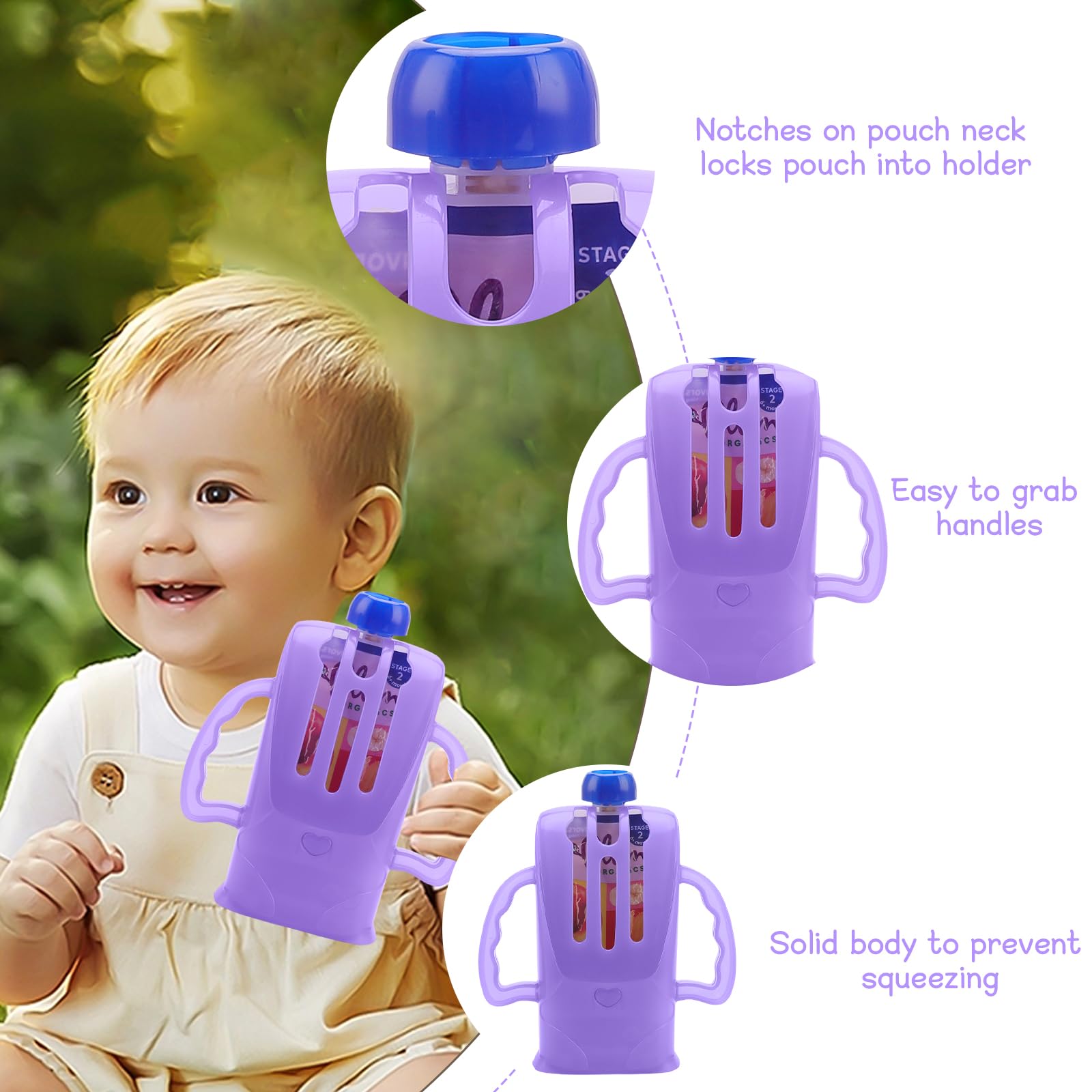 Squeeze Proof Holder for Food Pouches & Juice Boxes, Universal Multipurpose Design, Makes Baby More Fond of Self-Feeding, Prevent Messes, Food Safe (Purple)