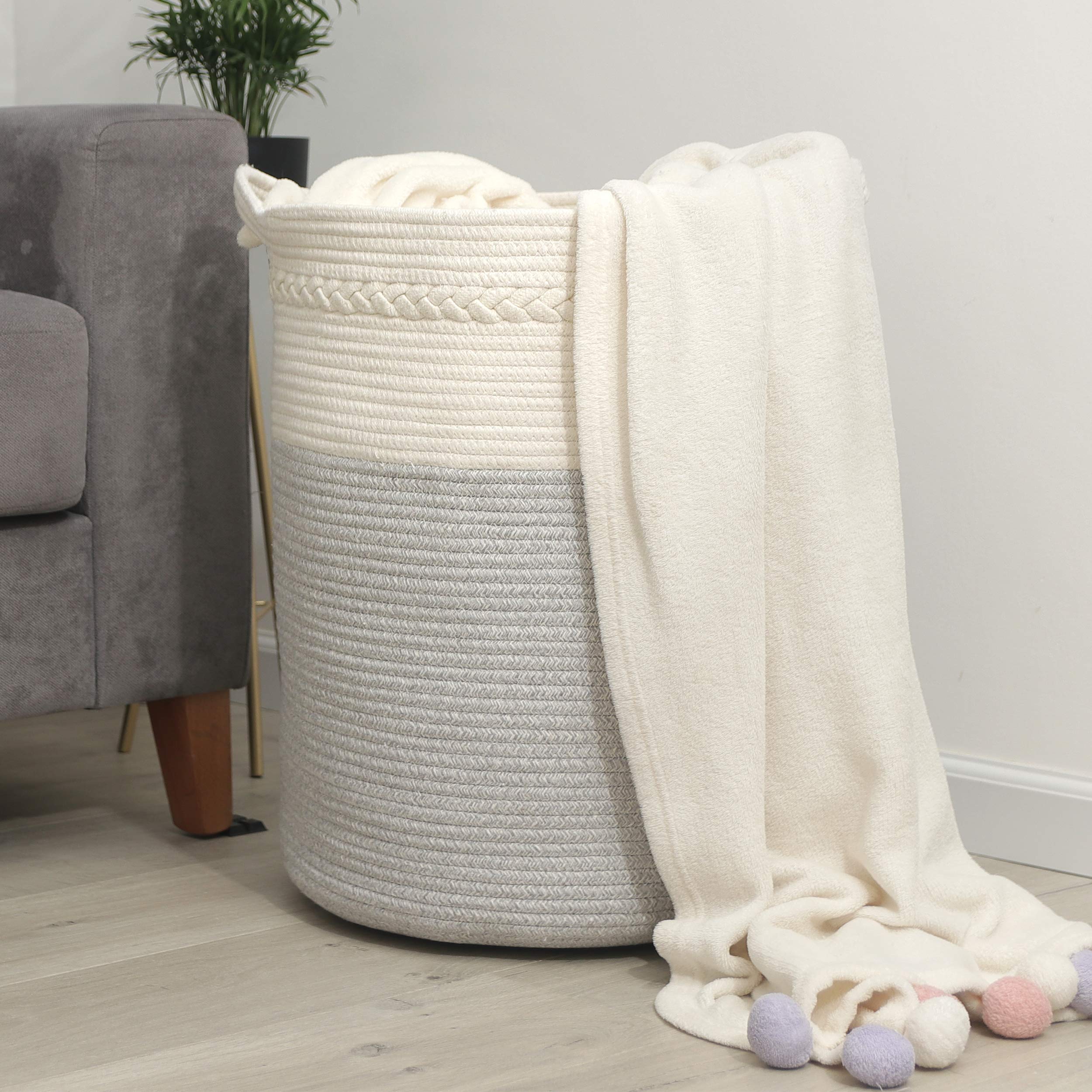 StarHug Large Woven Storage Basket - 20 x 16 inch Laundry Hamper – For Blankets, Throws, Pillows, Toys, Nursery - 100% Cotton Rope - Stylish Bin with Gift of Mesh Laundry Bag