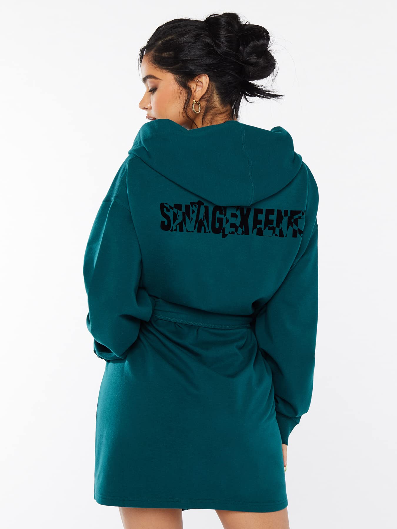 Savage X Fenty, Women's, Showgirl Graphic Savage X Short Robe, Hood, Front pockets, Belt tie, Hunter Green, 2X/3X