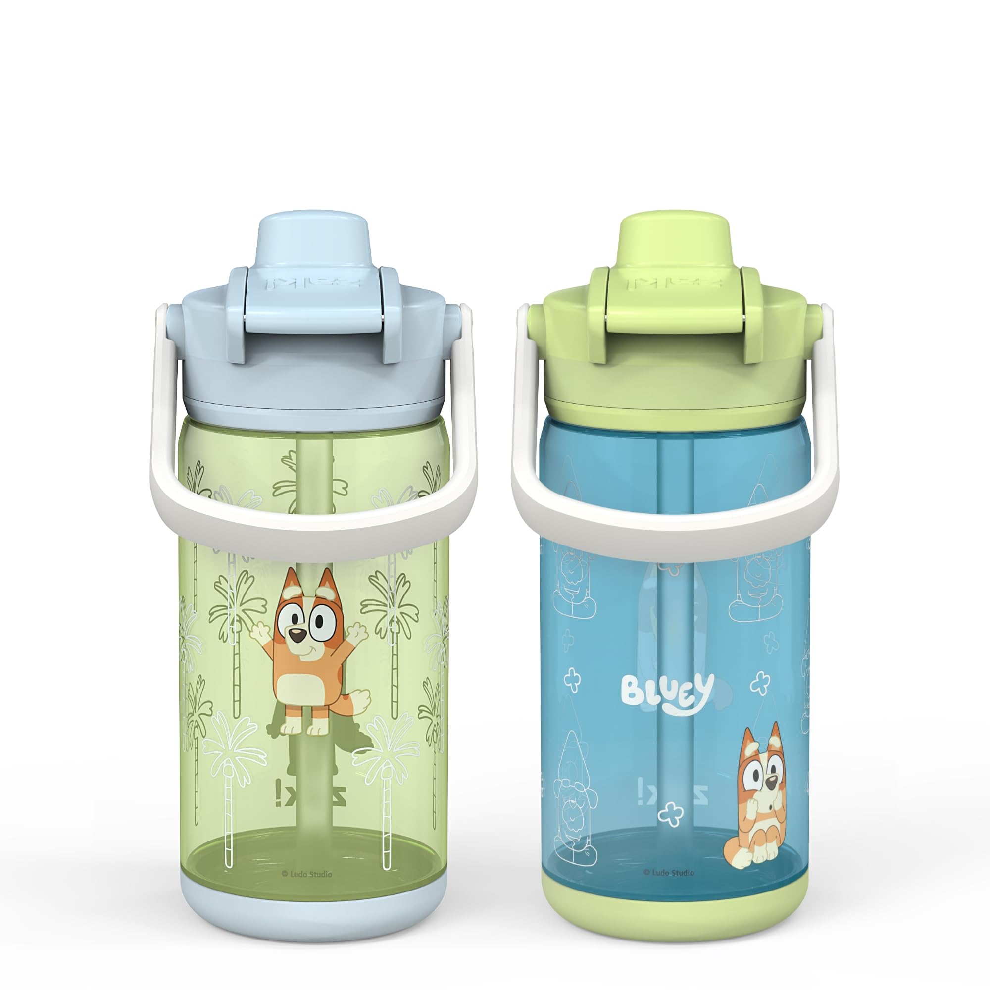 zak! Beacon Bottle Set of 2, Bluey - 16 oz Each - Durable Plastic - Silicone Spout & Leak-Proof Lid - Dishwasher Safe