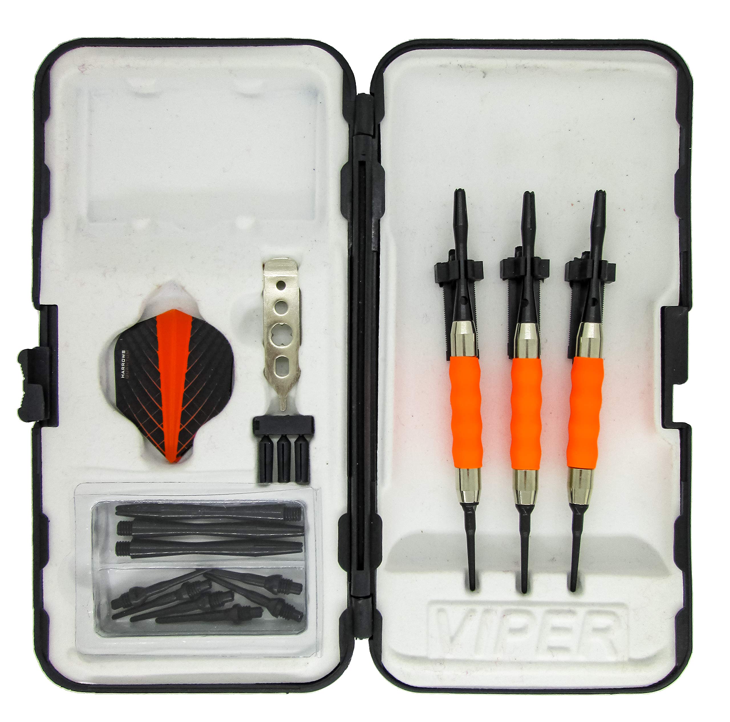 Sure Grip Viper Orange Soft Tip Darts with Dart Case & Accessories Choice of Flights 16 or 18 Grams Plus I Love Darts Bracelet (Harrows Quantum, 18g)