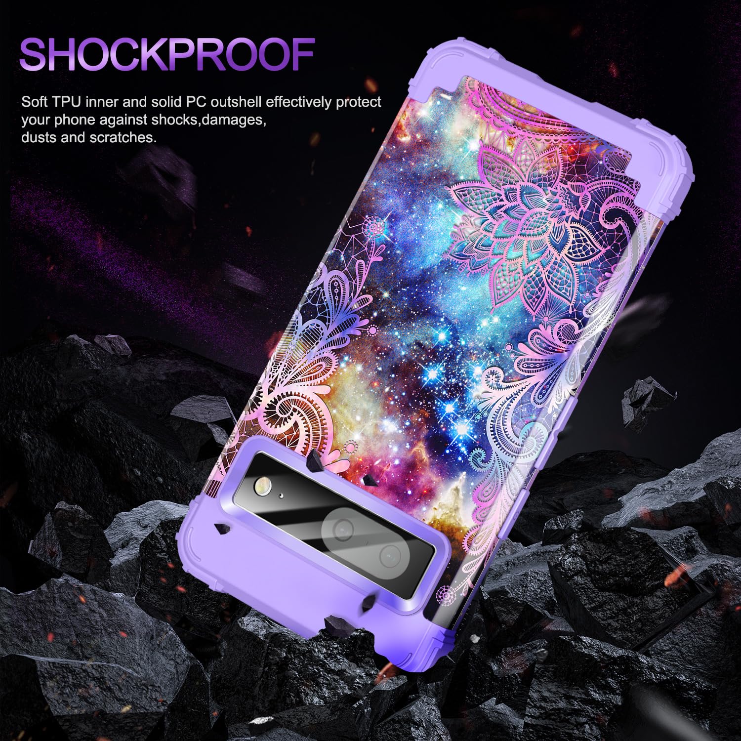 Uamark for Google Pixel 7 Case,Three Layer Heavy Duty Shockproof Full Body Protective with 2 Tempered Glass Screen Protector+2 Camera Lens Protector Case for Google Pixel 7 5G(2022),Purple Mandala
