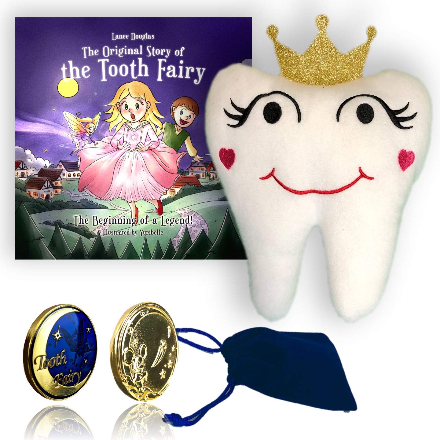 Tooth Fairy Pillow Book and Gold Coin Keepsake Set Kit with Velvet Memory Bag for Boys and Girls