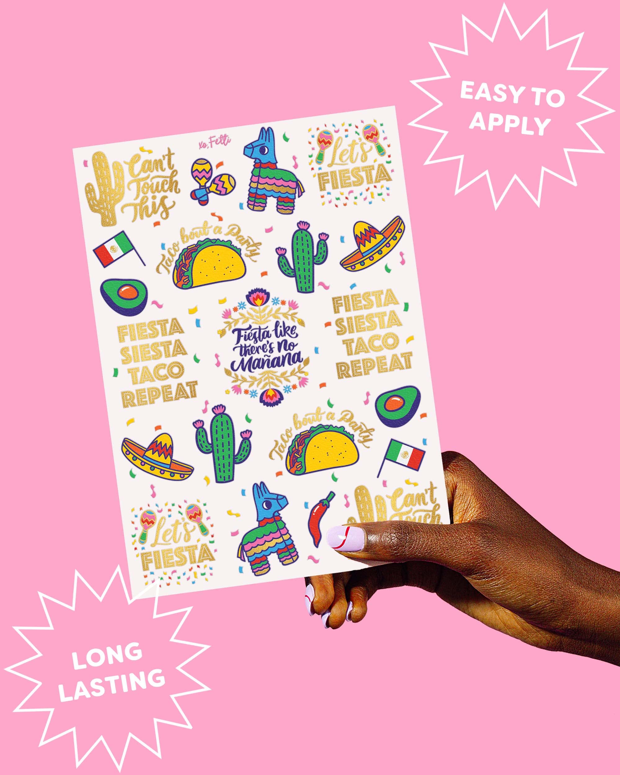 xo, Fetti Fiesta Party Supplies Metallic Tattoos - 40 styles | Cinco De Mayo Decorations, Final Fiesta Bachelorette + Mexican Decor