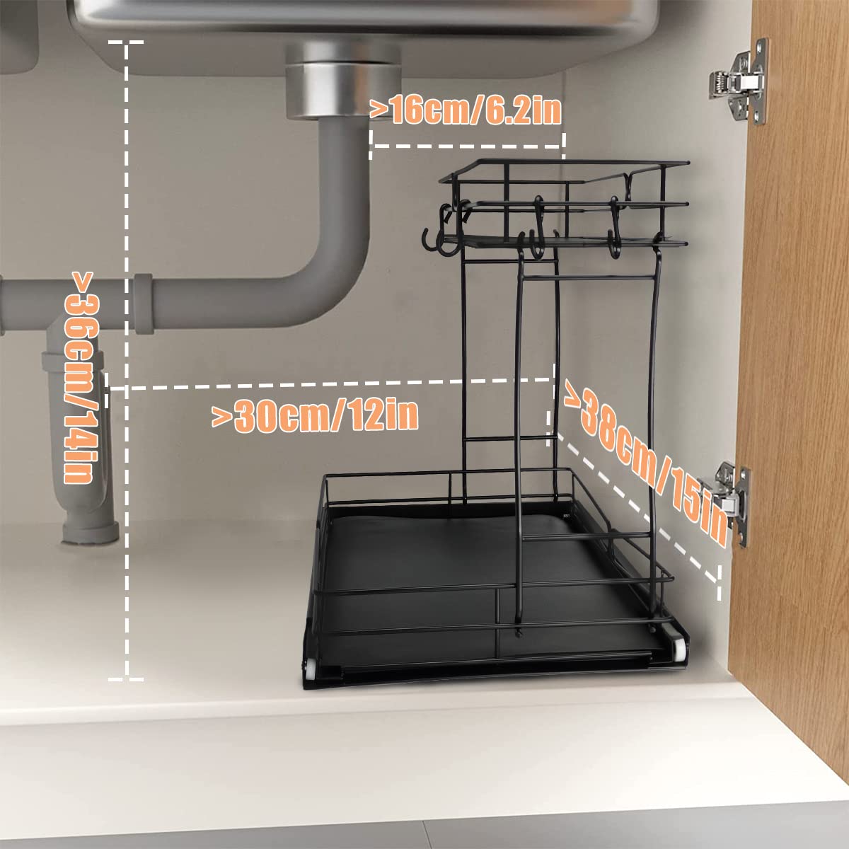 YANCONGLIDEYAN Pull Out Cabinet Organizer 2 Tier Under Sink Cabinet Organizer Storage Shelf with Sliding Storage Basket for Kitchen Bathroom Laundry Room, Request at Least 11 inch Cabinet Opening